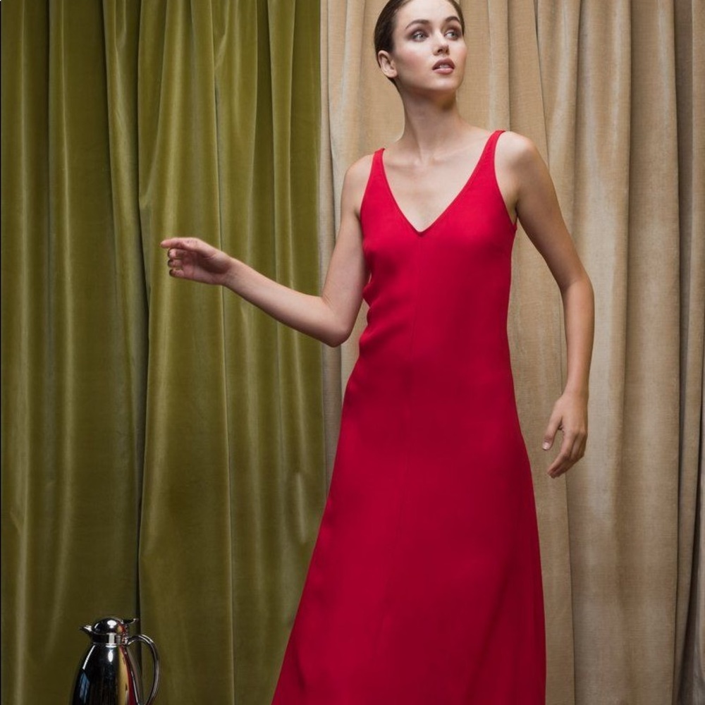 Staud Xs Bright Red Satin Spaghetti Strap Dress - Gem